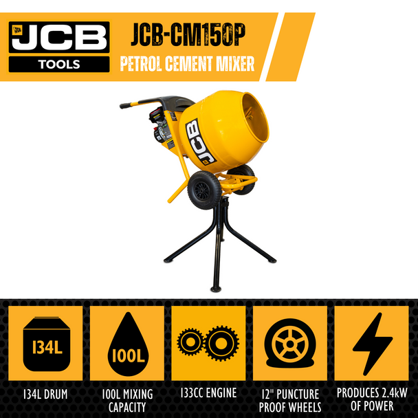 JCB Cement Mixer 133cc Petrol Engine 134L Seam Welded Drum
